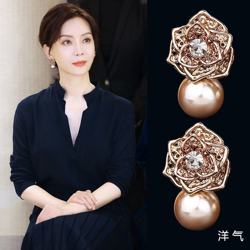 咖啡色玫瑰花耳环简约S999纯银耳钉女法式山茶花复古风2025年耳饰