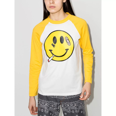2024年春夏潮牌新款拼色柠檬黄大笑脸薄款长袖t恤女夏季圆领上衣