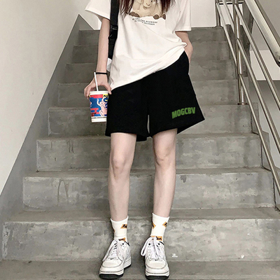 美式潮牌宽松阔脚直筒运动短裤女