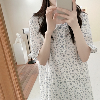 碎花娃娃领棉纱布睡裙女夏