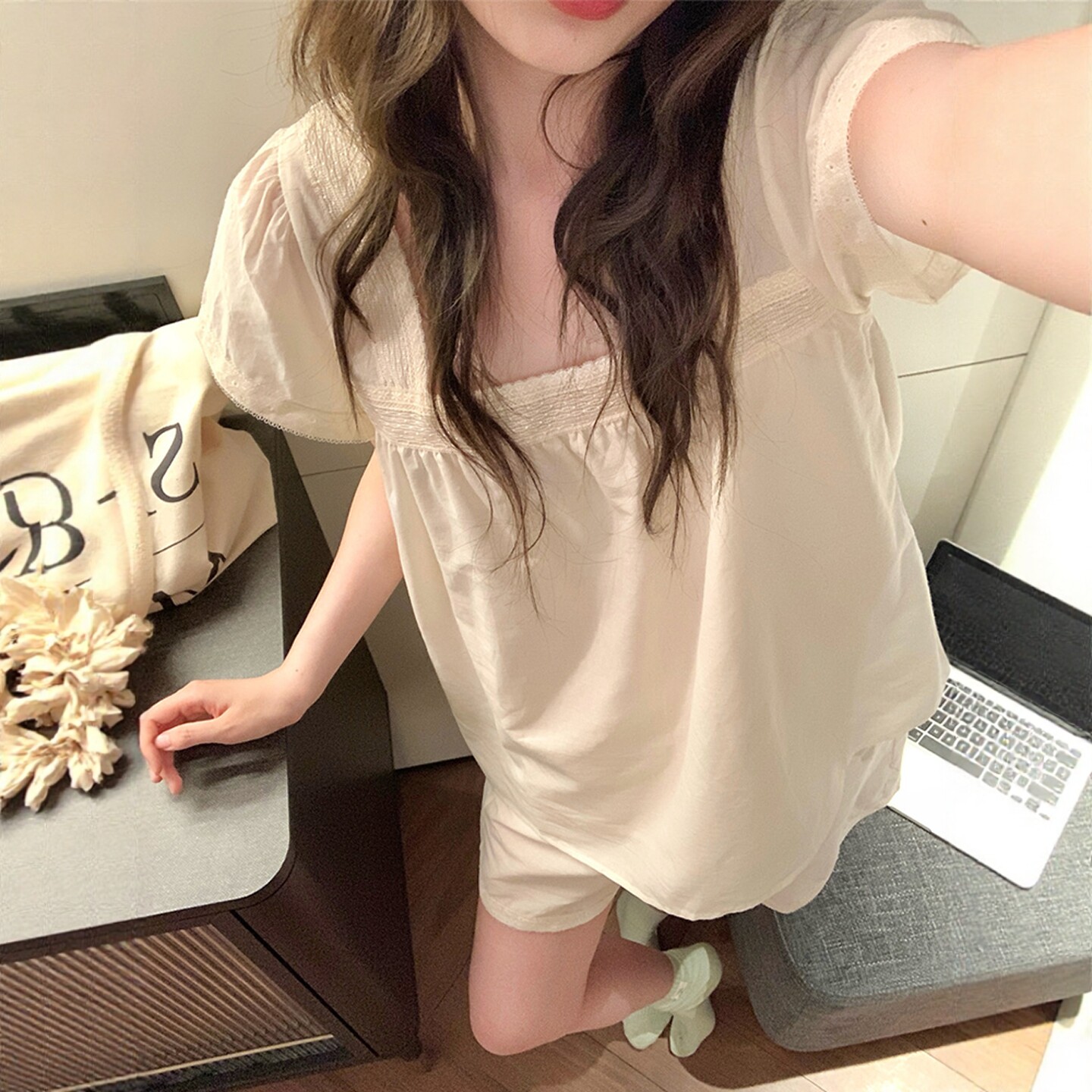 韩系简约花边方领小飞袖睡衣女夏季休闲短袖短裤可外穿家居服套装