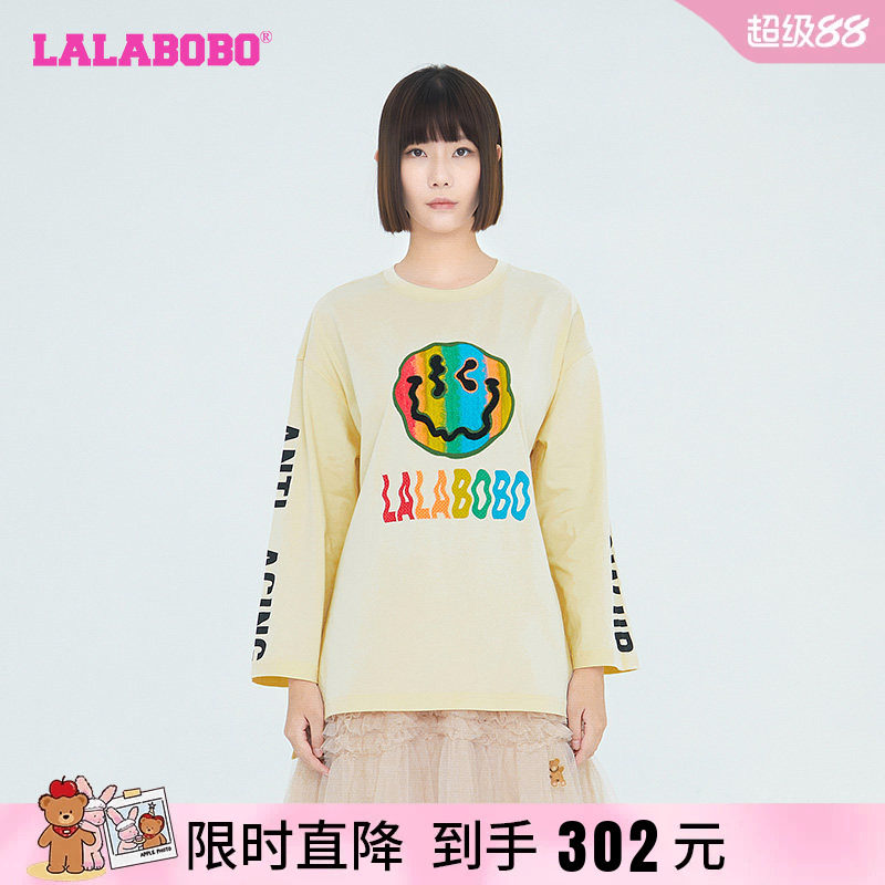 LALABOBO早秋新品潮流百搭笑脸美式款字母长袖T恤女|LBCC-WSDT23