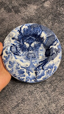 18cm景德镇手工绘陶瓷烟灰缸青花墨龙吸水雪茄缸送礼高档办公家用