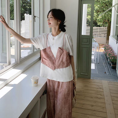 2C177-D92-P135-K198气质短袖阔腿裤两件套夏季洋气减龄显瘦套装