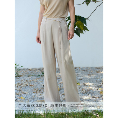 芝美日禾 卡其织纹 亚麻莱卡人字纹连腰阔腿裤手编腰带通勤休闲裤