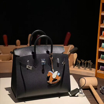 黑色银扣EP皮普皮BK铂金包25女士手提包带锁手工包外缝气质女包