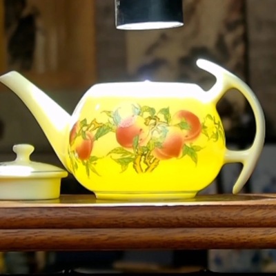 景德镇高温陶瓷黄稀土寿桃功夫茶壶手工泡茶壶350cc茶具 长嘴壶