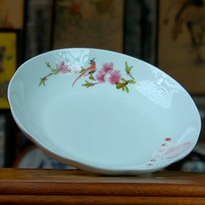 景德镇陶瓷绿稀土水点桃花碟子盘子赏盘带徽诗词头像 家居摆件