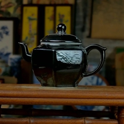 景德镇复古乌金玄色黑釉陶瓷六方茶壶功夫茶具冲茶泡茶 家居摆件