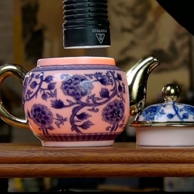 景德镇陶瓷红稀土描金茶壶茶具青花釉下彩壶带手柄茶壶 家居摆件