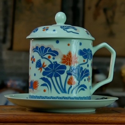 景德镇高温陶瓷绿稀土荷花办公杯带底托一杯一碟茶杯茶具家居摆件