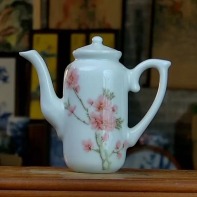 景德镇陶瓷高白泥水点桃花粉彩功夫直茶壶茶具茶道可收藏家居摆件