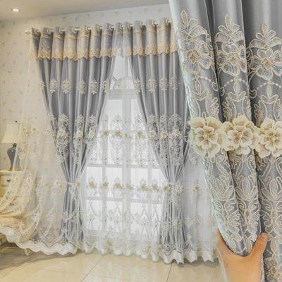 9zrt浮雕成品欧式双层加厚窗帘遮光布纱一体绣花客厅卧室阳台