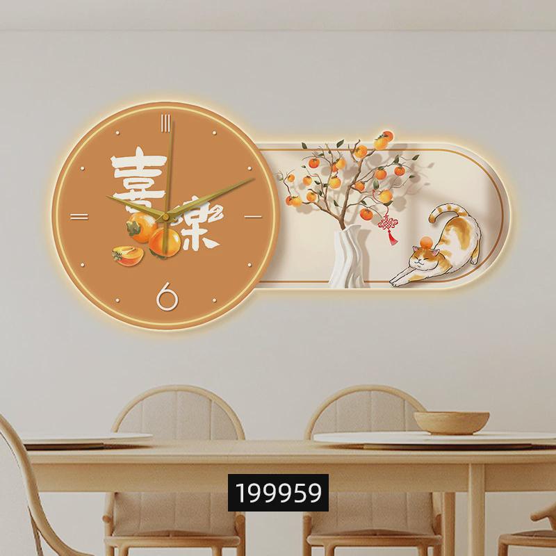 暖居餐厅装饰画钟表饭厅挂画带现代简约led氛围灯画背景墙壁画