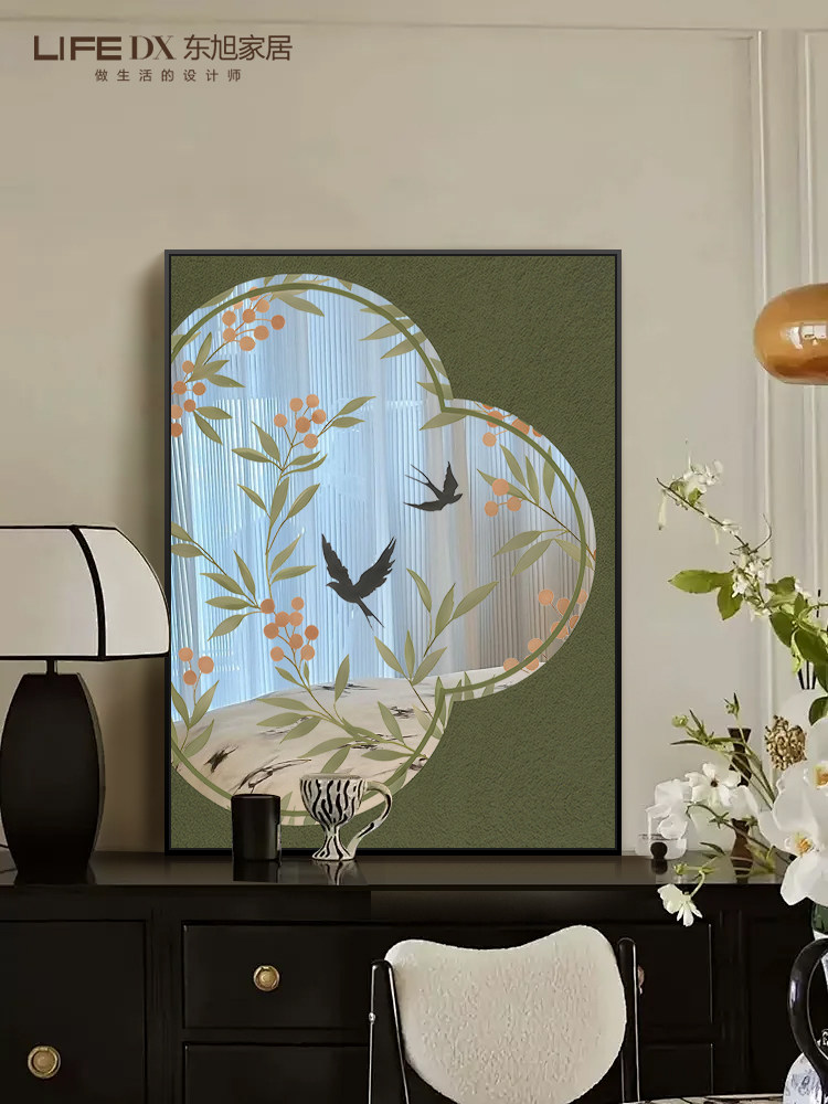 中古风客厅镜面装饰画新中式高级桌面镜子摆画玄关挂画走廊墙壁画