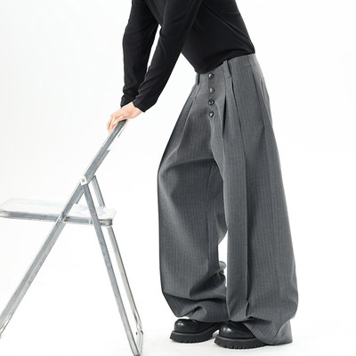 NOT UGLY穿搭新品百搭潮时尚青年个性暗条纹褶皱多排扣休闲西裤