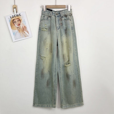 AUS破洞牛仔裤女G002C复古长裤