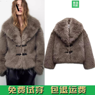 人造皮草效果长袖短毛呢大衣外套