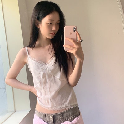 韩国正品代购夏款 可调节肩带时尚简约百搭蕾丝边点缀小V领背心