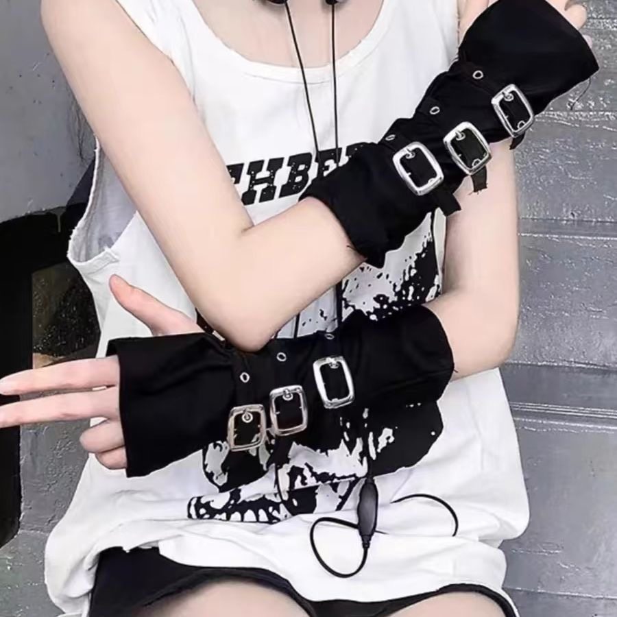 暗黑金属扣袖套黑色半截露指手套y2k朋克辣妹手袖ins机能骑士帅气