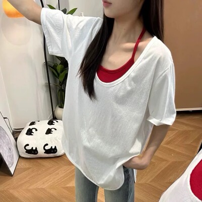 2025夏季新款百搭V领短袖宽松印花薄款T恤+带胸垫挂脖背心两件套