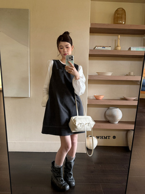 RS.WHMT 秋冬韩系氛围感蕾丝花边领蝴蝶结背心连衣裙女显瘦百搭