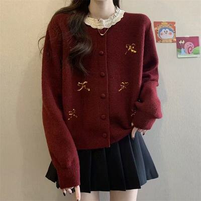 【书婷专享】A300复古蕾丝领酒红色针织开衫女长袖扣子毛衣