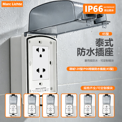 IP66级户外明装防水泰式插座16A泰标六孔带开关网络USB快充防溅盒