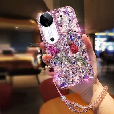 适用于vivoV40手机壳S30新款V50全包S20防摔S18水钻S17e立体玫瑰花V30保护壳V27女S19镶钻Y39