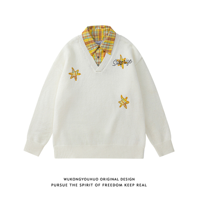 秋冬复古格子刺绣假两件毛衣男