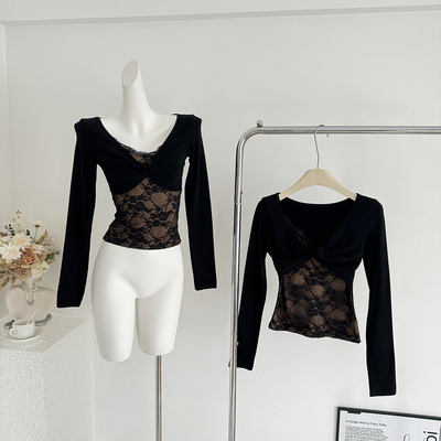 kubiliv软玉教主温柔纯欲交叉纽结蕾丝拼接长袖打底针织衫女