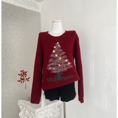 INGCON圣诞小马 新年毛衣粗支缎染亮片苏利羊驼毛显瘦针织衫女冬