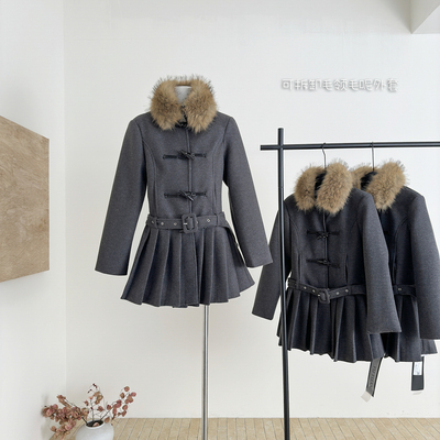 Luamoss 羊毛混纺可拆卸毛领毛呢外套女秋冬加厚百褶下摆呢子大衣