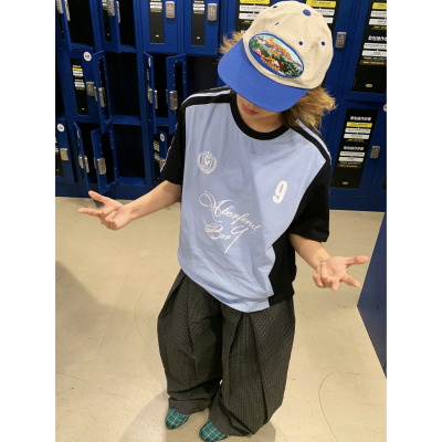 春夏美式复古短袖套头球衣T恤