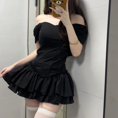 鱼骨收腰显瘦黑色蓬蓬裙裤套装