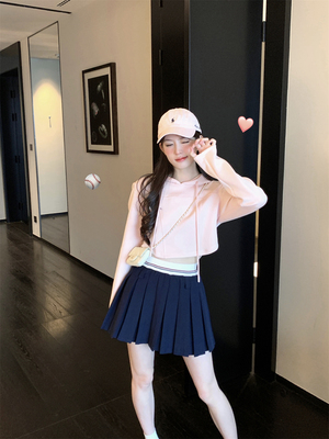 连帽短款卫衣双色美式抽绳