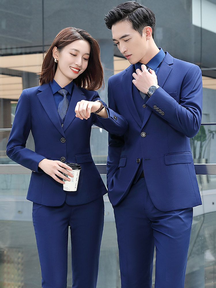 4s店工作服马甲正装西裤林肯西装套装男女同款宝蓝色外套