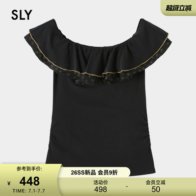 SLY 2026夏季新品复古甜酷风碎花镶边荷叶一字肩T恤038JSA80-1012