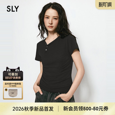 SLY 2026夏季新品辣妹风斜襟纽扣褶皱收腰短袖T恤女038JSZ80-1005