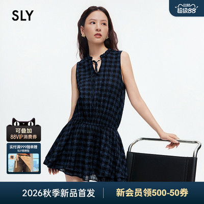 SLY2026夏季新品法式格纹立领绑带抽绳无袖连衣裙女038JSA33-1006