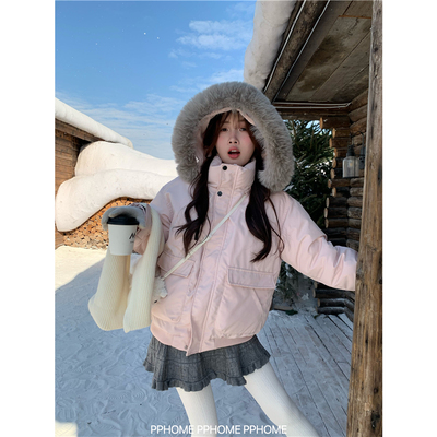 PPHOME自制甜粉派克宽松大毛领连