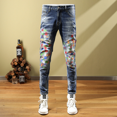 春秋拼接牛仔裤破洞潮ins高街男潮牌弹力修身刺绣补丁喷漆小脚裤
