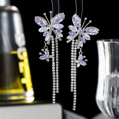 曼休妮紫色水晶蝴蝶流苏耳环