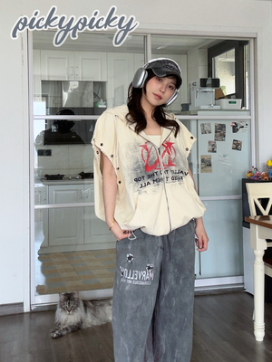pickypicky美式复古小众街头设计感涂鸦喷墨铆钉拉链开衫马甲