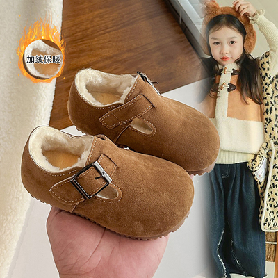 女童勃肯鞋2025秋冬新款软底中小童加绒棉鞋豆豆鞋加绒小皮鞋男童