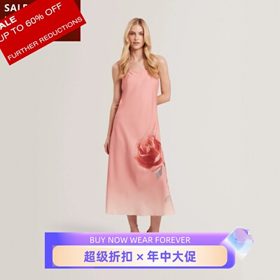 TED BAKER吊带连衣裙珊瑚红缎面中长印花简约优雅气质休闲度假