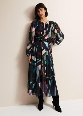 PhaseEight抽象印花中长连衣裙