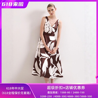 Phase Eight连衣裙礼服裙中长大摆无袖V领棕色印花高腰修身优雅