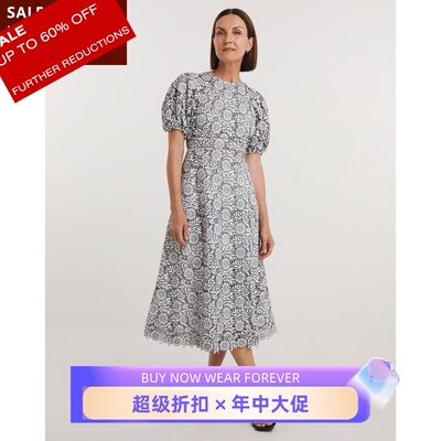 HOBBS短袖连衣裙中长A字高腰黑白修身蕾丝镂空优雅英伦气质显瘦