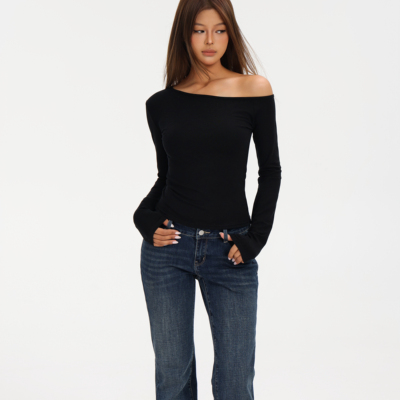 1ess la mode斜肩T恤黑色长袖女秋季修身显瘦打底美式辣妹上衣